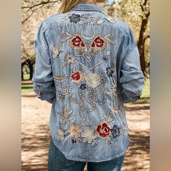 Tops | Embroidered Pocketed Button Up Denim Shirt | Poshmark
